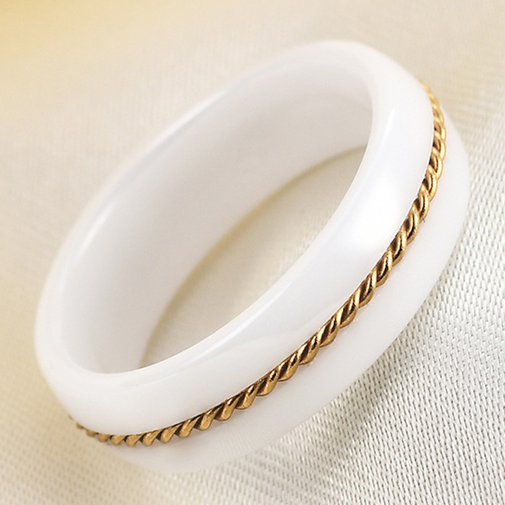 Domed Dome Ceramic Ring, Gold Steel Line - 2390