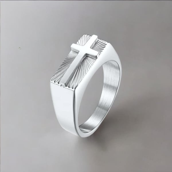 Stainless Steel Signet Ring – Luminous Cross, Polished Finish - 2757