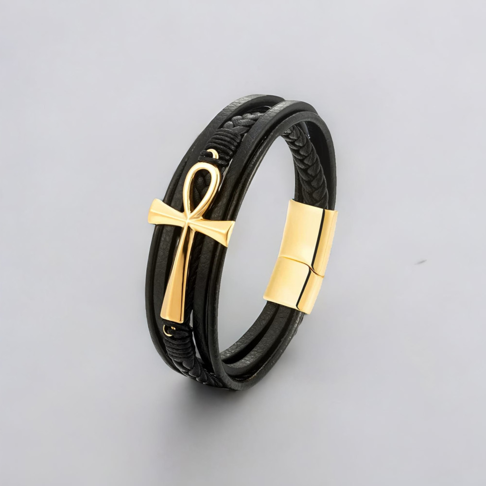 Bracelet cuir & acier avec croix, fermoir magnétique, tailles ...