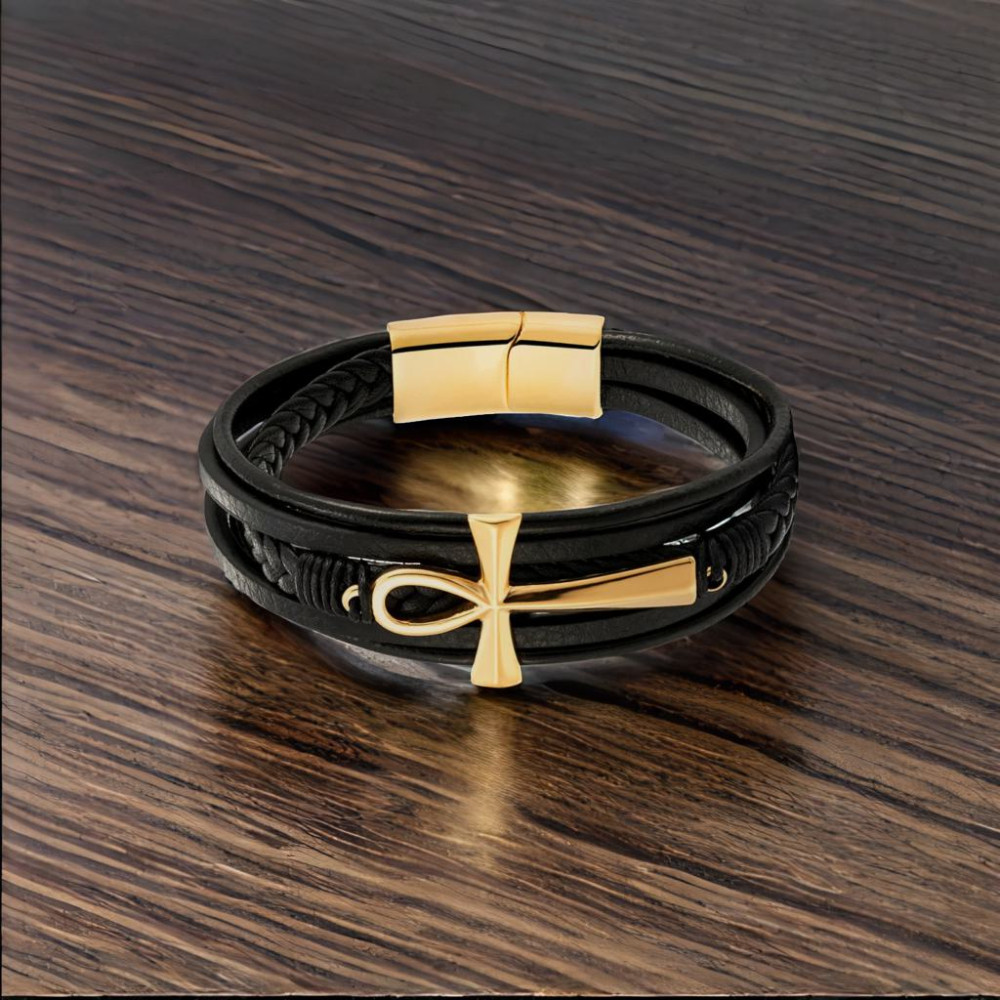 Bracelet cuir & acier avec croix, fermoir magnétique, tailles ...