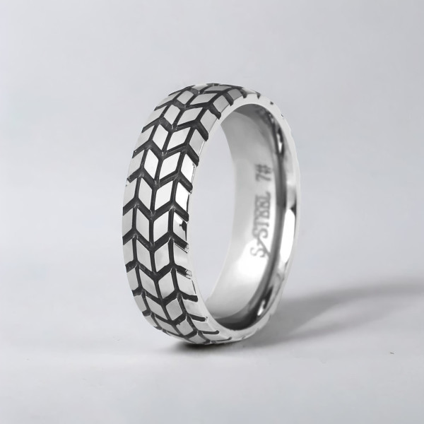 Men’s Stainless Steel Ring – Tire Tread Pattern Design - 2884