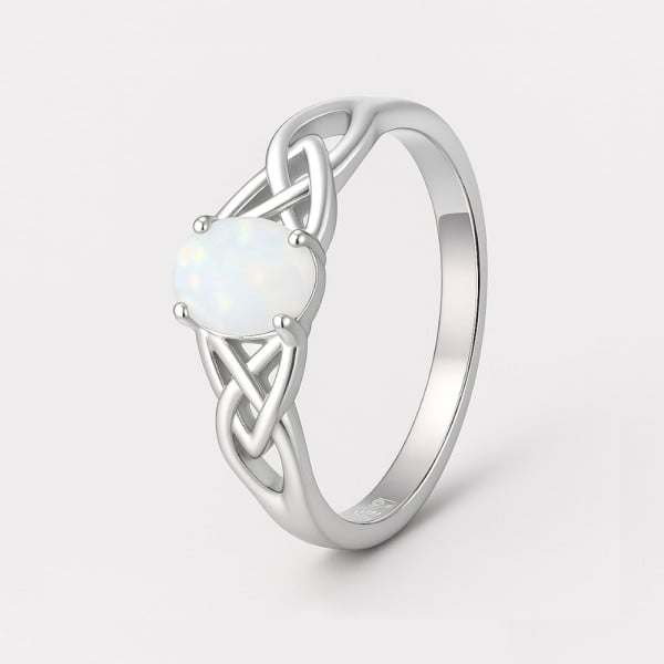 Rhodium-plated 925 Silver Ring: Celtic Knot and Refined Oval Opal - 2326