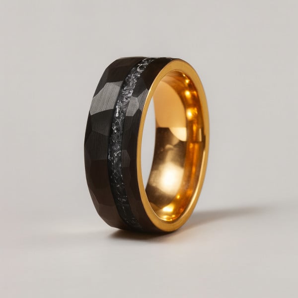 Black and Marble Tungsten Ring – 8mm Men's Wedding Band with Gold ...