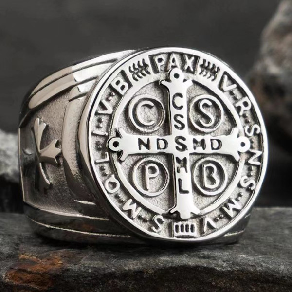 Steel signet ring with embossed CSPB cross patterns - Symbol of Faith ...